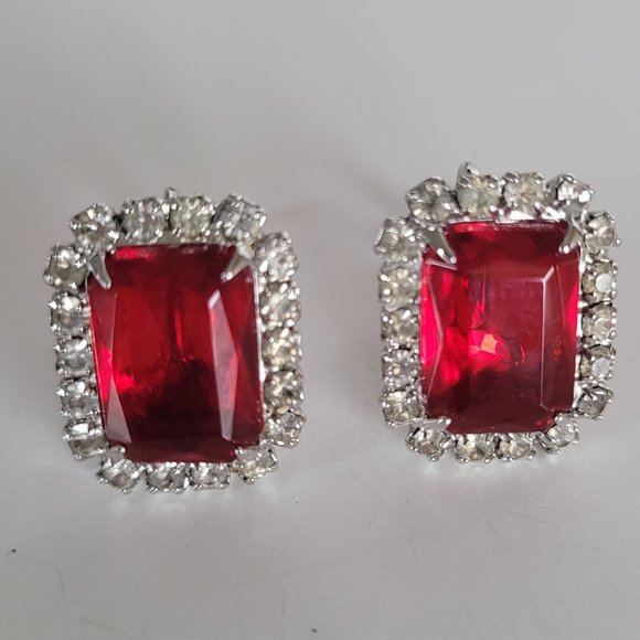 Estate | Jewelry | Vintage Glass Ruby Costume Rhinestone Clip Earrings ...